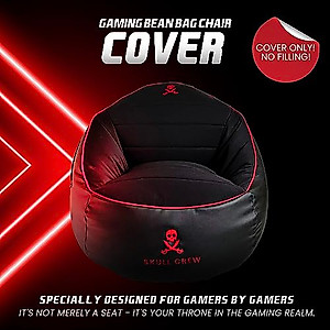 Skull Crew Bean Bag Cover [Cover ONLY, NO Filling] - Kids & Teens Gaming Chair - Floor Beanbag with XL Side Pocket & Hanger - Breathable Seat, Perfect for Bedroom, Dorm, Gaming Room - Soft & Stylish