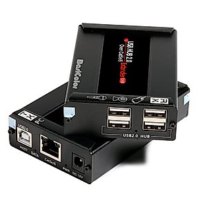 Basicolor USB Extender 262ft(80m) Kit with 4 USB 2.0 Hub, USB Over Ethernet Cat5e/6/7 Extension, USB RJ45 Extender Support All Operating System, Plug&Play, Two Web Cameras Work Synchronously.