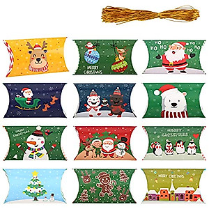 DIYASY Christmas Pillow Boxes,60 Pcs Gift Card Holders Small Treat Box in12 Xmas Designs for Small Gifts with Gold Twine