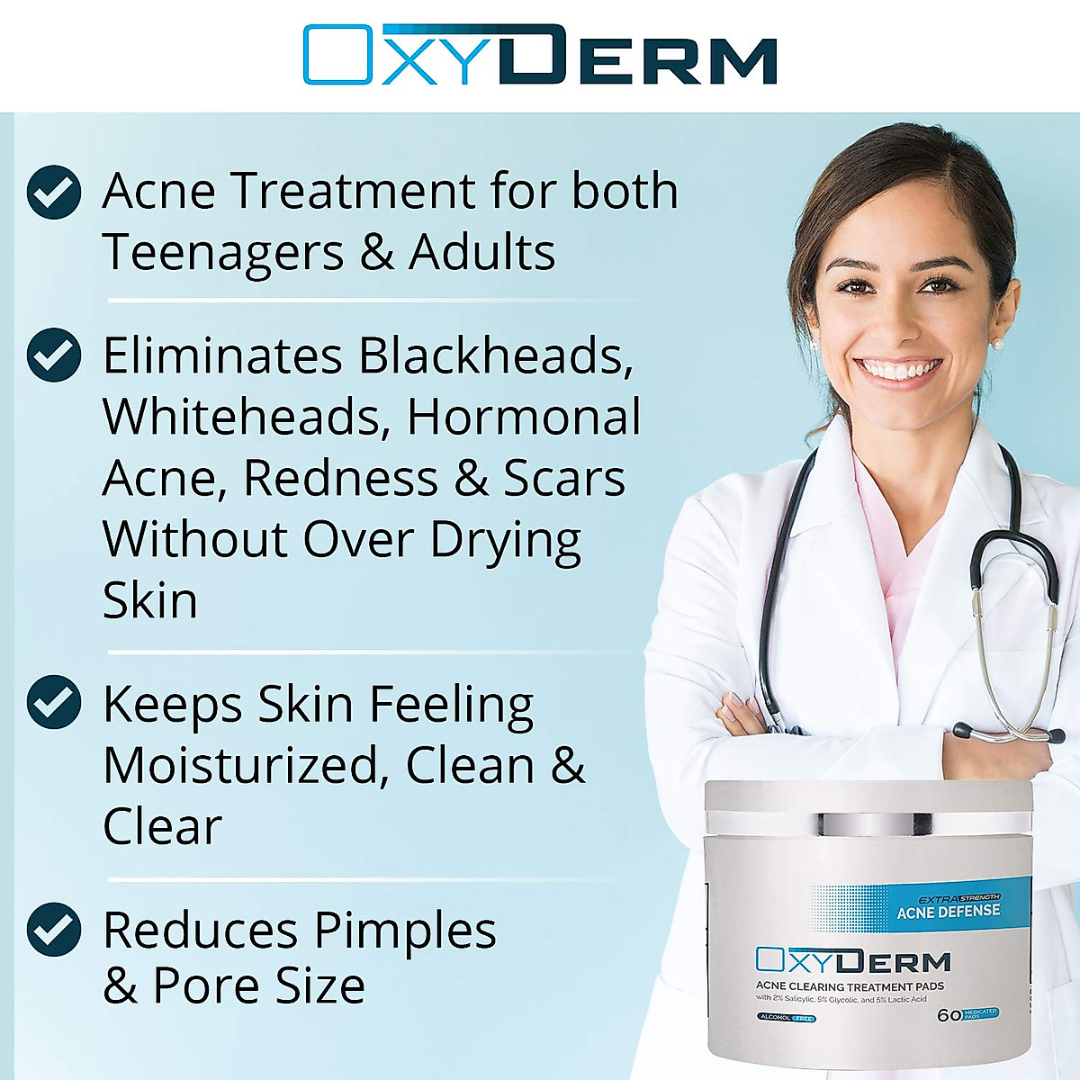 Acne Clearing Treatment Pads- Eliminates Acne Breakout Causing Bacteria. Clear Away Clogged Pores, Oily Skin, Blemish, Blackhead, Pimple, Cystic Breakouts. Contains Salicylic, Glycolic & Lactic Acid.