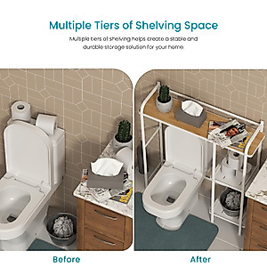 Home Zone Living Over The Toilet Bathroom Storage Organizer with Slim Shelving for Your Restroom, Kitchen, or Living Room, White Bamboo Accent Shelf