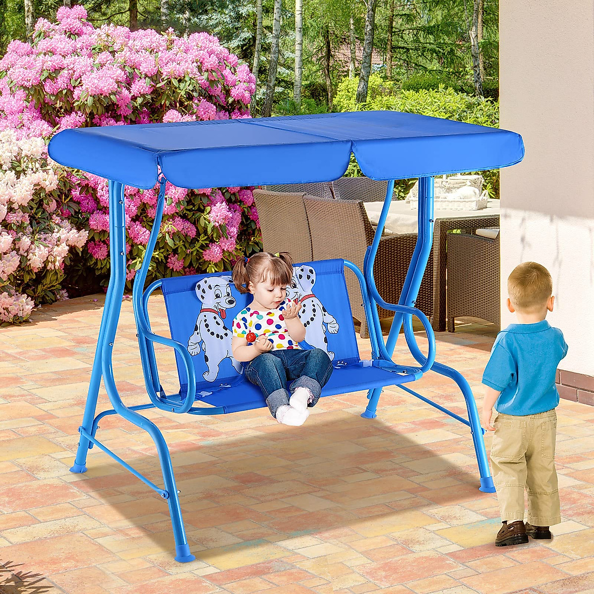 HONEY JOY Kids Patio Swing, 2-Seater Outdoor Porch Swing Lounge Chair W/Canopy & Safety Belt, All Weather Resistant Waterproof Hanging Swing Bench for Patio Garden Poolside Balcony(Blue Puppy)
