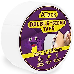 ATack Clear Double-Sided Tape, 2" x 15 Yards, Tear by Hand, Wall Safe Heavy-Duty Double Sides Self Sticky Wall Fabric Tape for Wood Templates, Furniture, Leather, Curtains and Craft