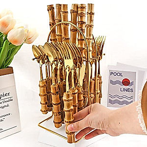 Snplowum 24-Piece Gold Stainless Steel Flatware Set, Bamboo Handle Cutlery with Stand Dinnerware Set Include Knife Fork Spoon And Teaspoon, Service For 6, Mirror Finished.