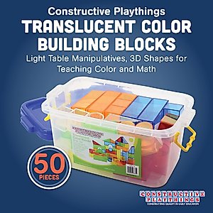 Constructive Playthings Translucent Color Building Blocks, Light Table Manipulatives, 3D Shapes for Teaching Color and Math, 50-Piece Playset, Toddler Toys for 12 Months & Up