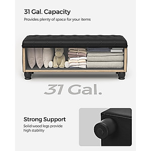 SONGMICS Storage Ottoman, Storage Bench, Tufted Entryway Bedroom Bench, 17.7 x 46.5 x 17.7 Inches, Hinges Easy Lid Operation, Wooden Legs, Synthetic Leather, Loads 330 lb, Classic Black ULOM071B01