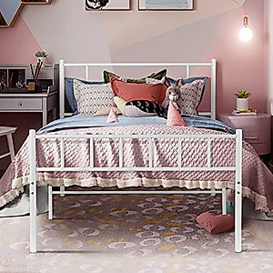 4 EVER WINNER Twin Metal Bed Frames, 14 Inch Twin Bed Frames with Headboard and Footboard, Platform Bed Frame with Storage, No Box Spring Needed, Mattress Foundation, Easy Assembly. White