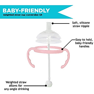 Straw Transition Cup Kit for Comotomo Baby Bottles | Conversion Kit Fits 5 Ounce and 8 Ounce Bottles | Soft, Silicone Straw Top Bottle Nipple & Weighted Straw to Help Baby Transition | 2 Pack (Pink)