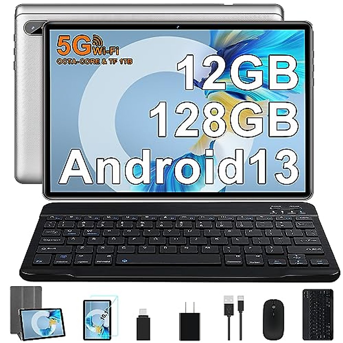 FACETEL Tablet 10 inch Android 13 Tablet Octa-Core 2.0 GHz with 12GB RAM 128GB ROM, 5G WiFi, 6000mAh, HD IPS Touchscreen, Bluetooth 5.0, 1280 * 800, 5+8 MP Newest Tablet with Keyboard Mouse - Silver
