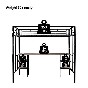Metal Twin Loft Bed with Desk and Storage Shelves, Space-Saving Bed Frame with 2 Side Ladders and Safety Guard Rails for Kids Teens Adults, No Box Spring Needed