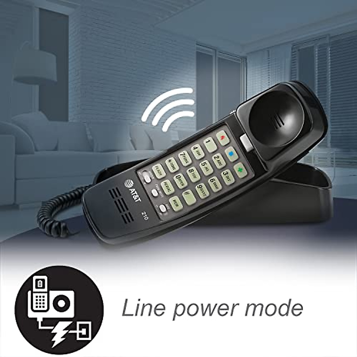 AT&T 210 Basic Trimline Corded Phone, No AC Power Required, Wall-Mountable, Black