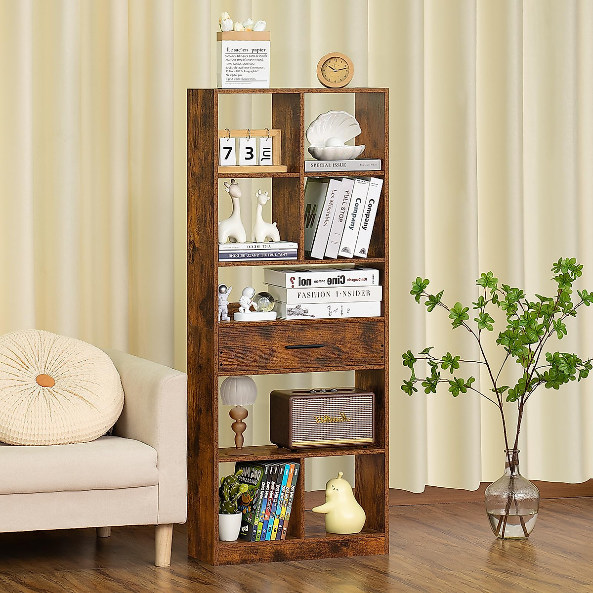 LELELINKY 6 Tier Open Bookshelf Mid Century Modern Bookcase, Wood Book Shelf with 8 Cubes and a Drawer, Floor Freestanding Bookshelves Cube Storage Organizer for Bedroom, Living Room, Office (Brown)