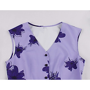 Wellwits Women's Big Floral Print V Neck Sleeveless Button Down Shirt Modest Tea Party Cocktail Formal Special Occasion 1950s Vintage Dress Purple M