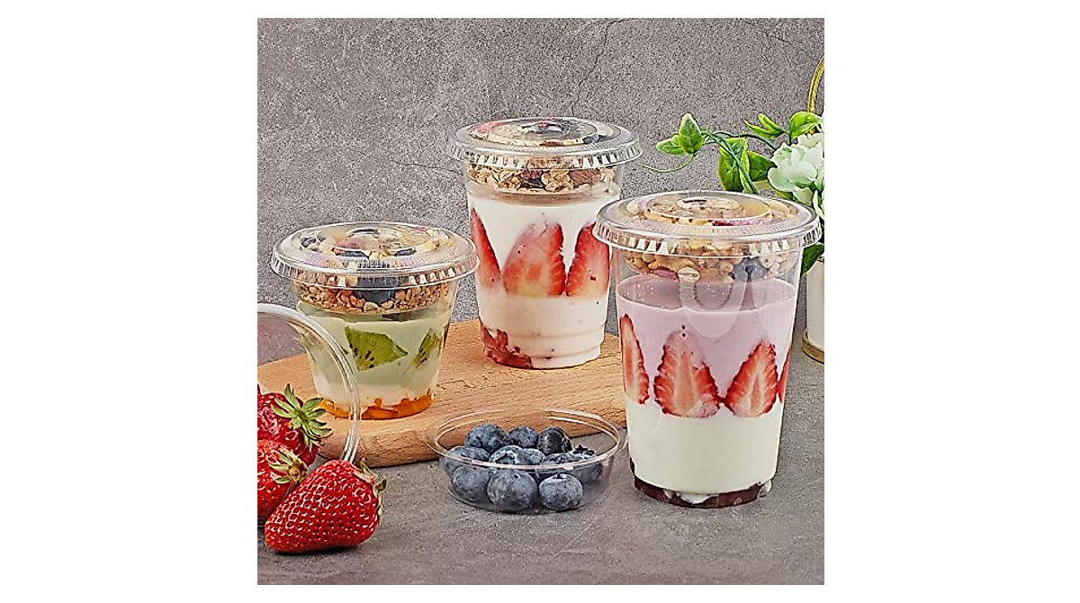 Zezzxu 50Pack 16 oz Clear Plastic Parfait Cups with Insert and Flat ...