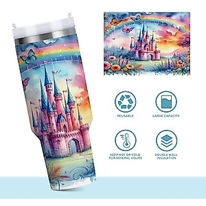 Jihqo Watercolor Fairy Castle 40 oz Stainless Steel Vacuum Insulated Tumbler with Handle and Straw Lid, Leakproof Water Bottle Double Wall Travel Mug Coffee Cup, Cupholder Friendly