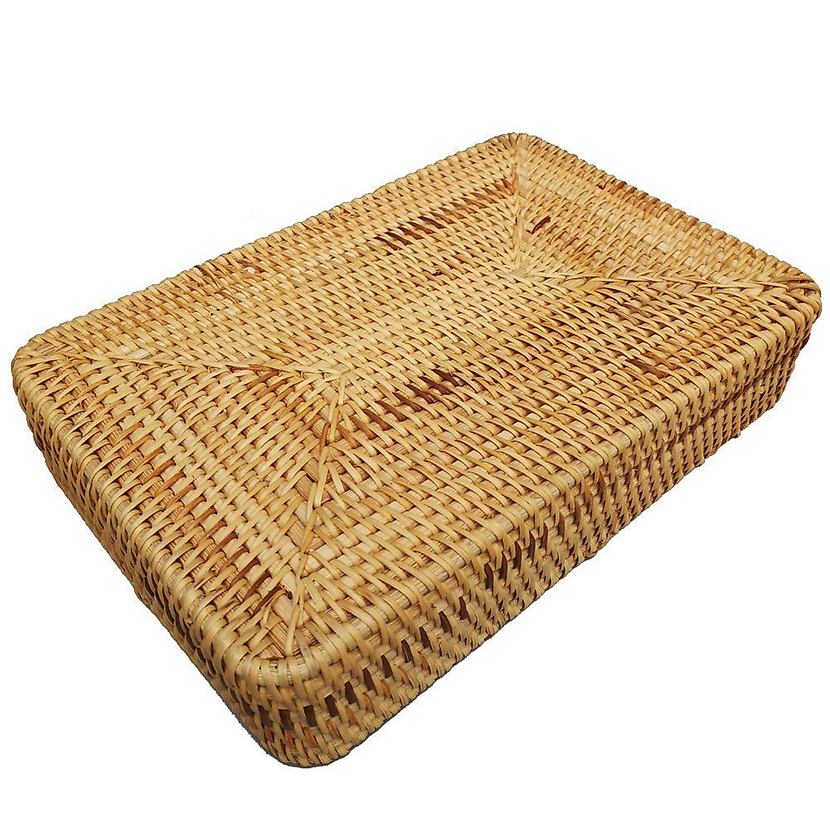 i-lan 4 Compartments Rectangular Rattan Basket, 12 Inch Divided Basket Tray with 3” Deep Wall, Decorative Flat Wicker Serving Basket for Fruit, Snacks, Catch All Dish, Brown