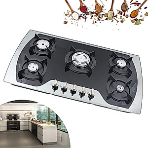BJTDLLX 34.5" Gas Stove Cooktop, Tempered Glass Built in Gas Stove with 5 Burners Cast Iron Grates Built-in Gas Stove Top LPG/NG Gas Cooktop Thermocouple Protection and Easy to Clean Tempered Glass