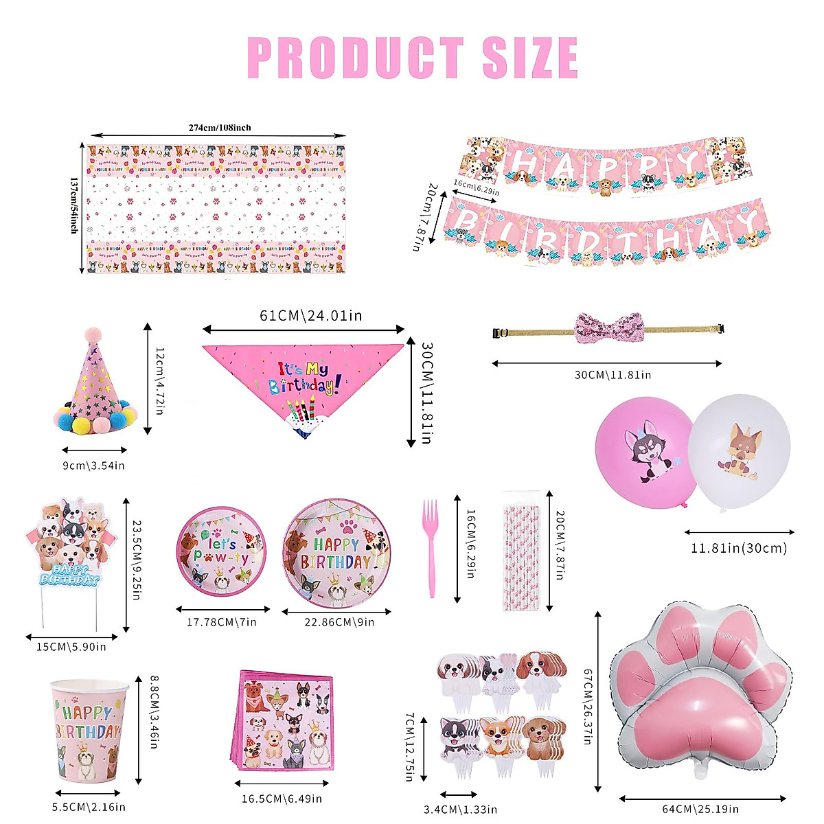 110pcs Dog Birthday Party Supplies,Dog Theme Party Favor Set Includes Hats,Bow Tie,Bandana,Birthday Banners,Balloon,Cake Topper,Cupcake Topper,Tablecioth,Plate,Fork,Cup,Straw