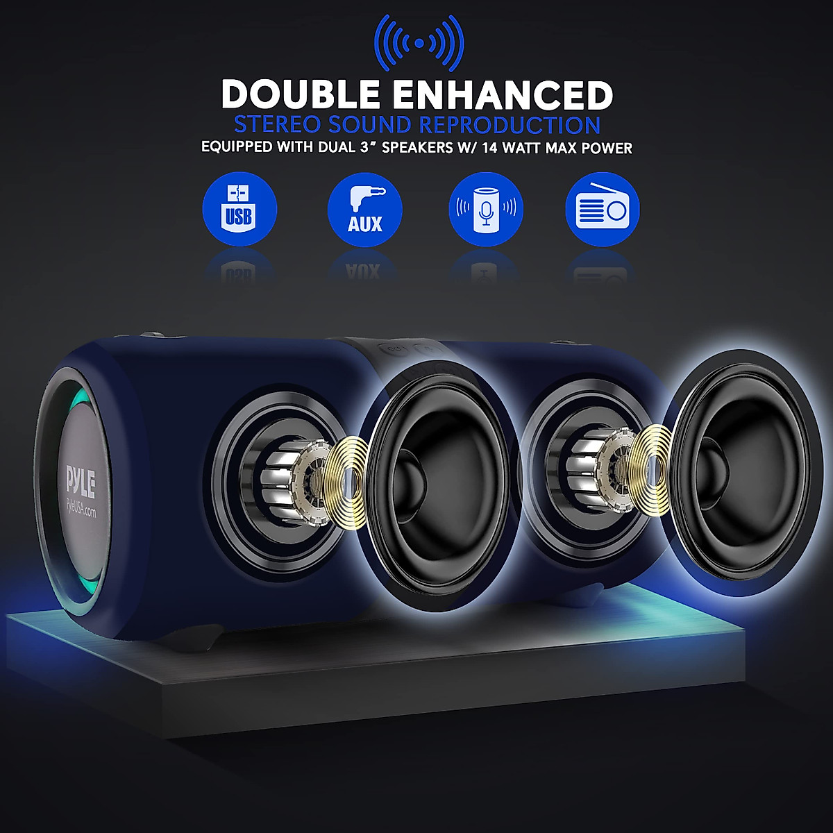 PyleUsa Wireless Portable Bluetooth Boombox Speaker - 2Ch Waterproof Rechargeable Fabric Stereo Speaker w/Google Assistant/Siri Voice Control, TWS Function, USB FM Radio, RGB Lights -PSBWP9BL (Blue)