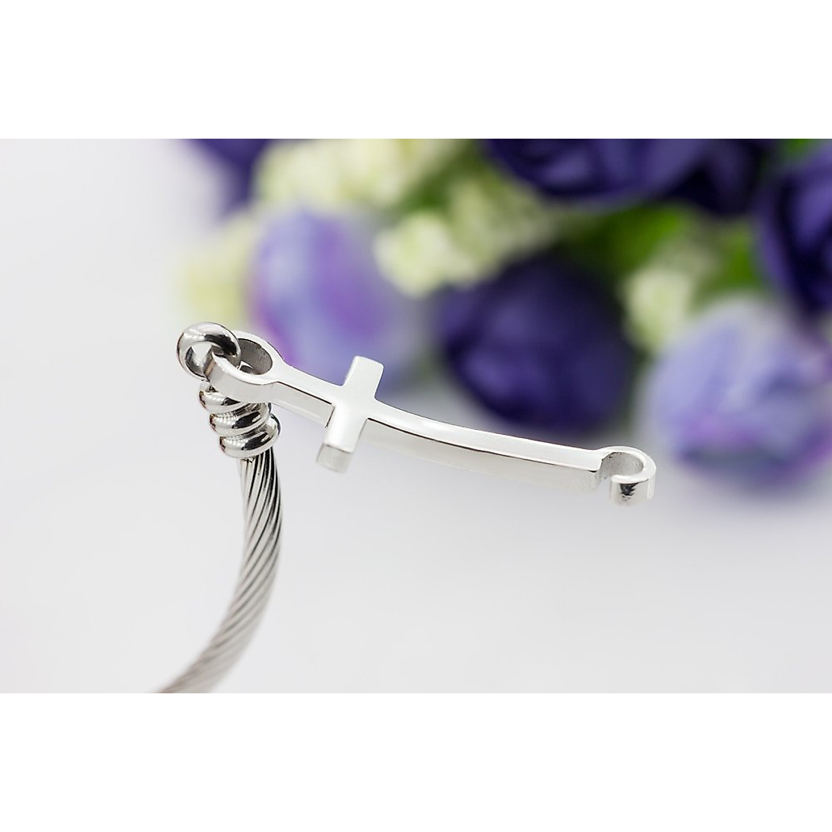 WDSHOW Sideways Cross Bracelet Cuff Bangle Stainless Steel Silver-Tone