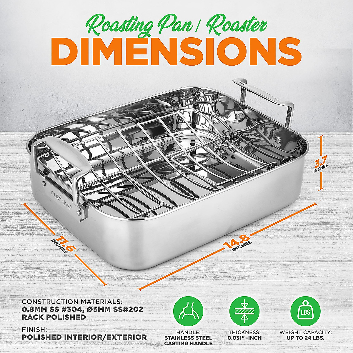 NutriChef 14-Inch Stainless Steel Kitchen Roasting Pan with Polished Wire Rack - Versatile Baking Set for Turkey, Chicken, Meats, & More - Premium & Heavy Duty Roaster for Oven w/ Built-In Handles