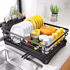 Dish Drying Rack for Kitchen Counter - Large Dish Rack with Drainboard, Rustproof Dish Drainer with Utensil Holder for Sink, Black