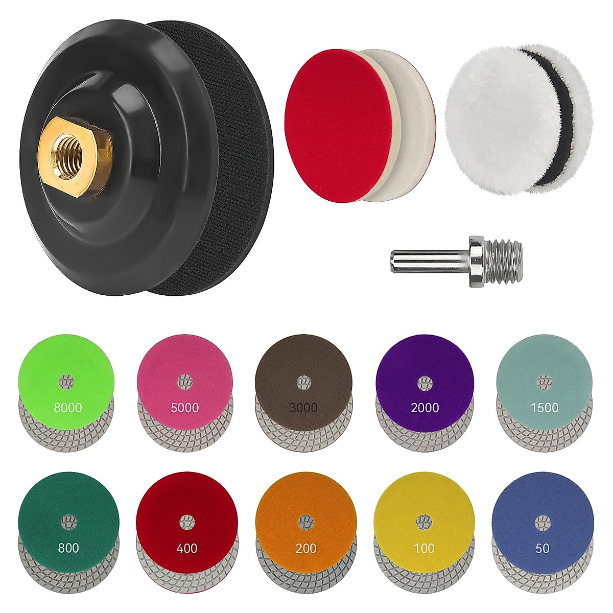 TOOVEM 14 Packs 4 Inch Diamond Polishing Pads with 5/8"-11 Backer Pad, 12 PCS Wet/Dry Polish Pad Kit for Drill Grinder Polisher, 50-8000 Grit Pads for Granite Marble Stone Concrete Countertop Quartz