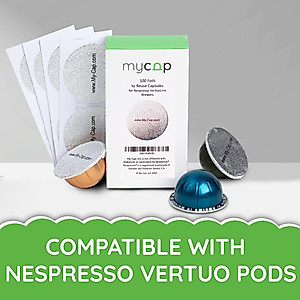 My-Cap 100 Foil Seals for Nespresso Vertuo Pods - Foil Lids to Reuse Nespresso VertuoLine Capsules - Aluminum Lids Seals Foil - Reuse your Nespresso Coffee Capsules (Pack of 100)
