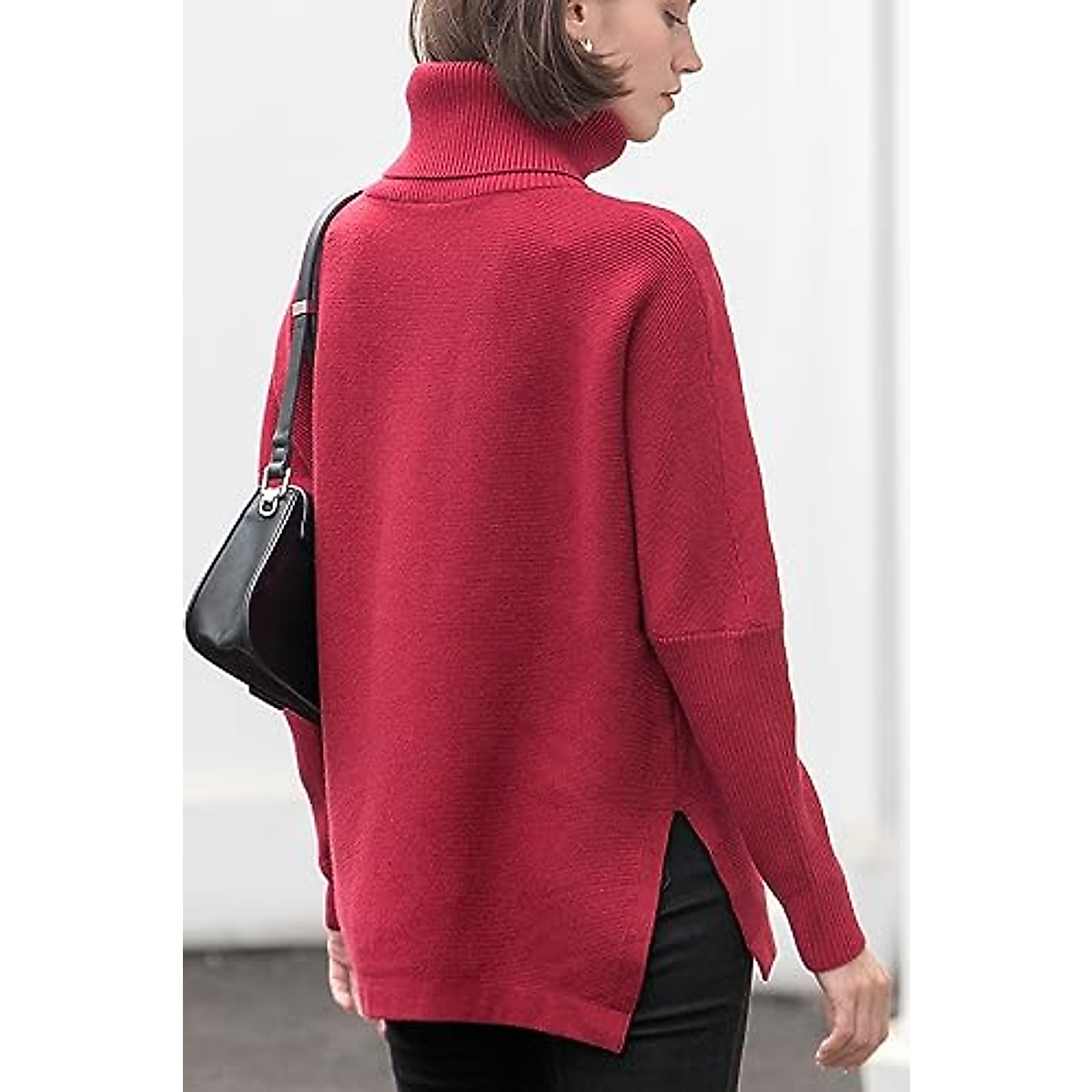 LANYO LILI Women Turtleneck Long Batwing Sleeve Spilt Hem Casual Oversized Pullover Sweater Knit Tops Burgundy