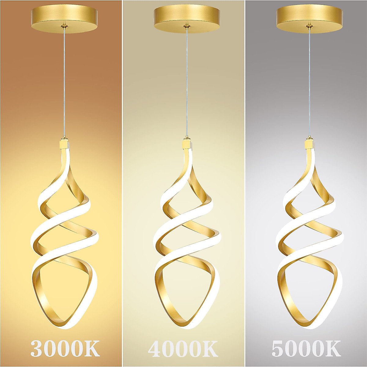 Pendant Lights,3 Pack Brushed Gold Pendant Lighting for Kitchen Island,LED Pendant Lights 3 Color Temperature,Modern Pendant Light Fixtures,Gold Brass Pendant Lighting,Dimmable Spiral Ceiling Light