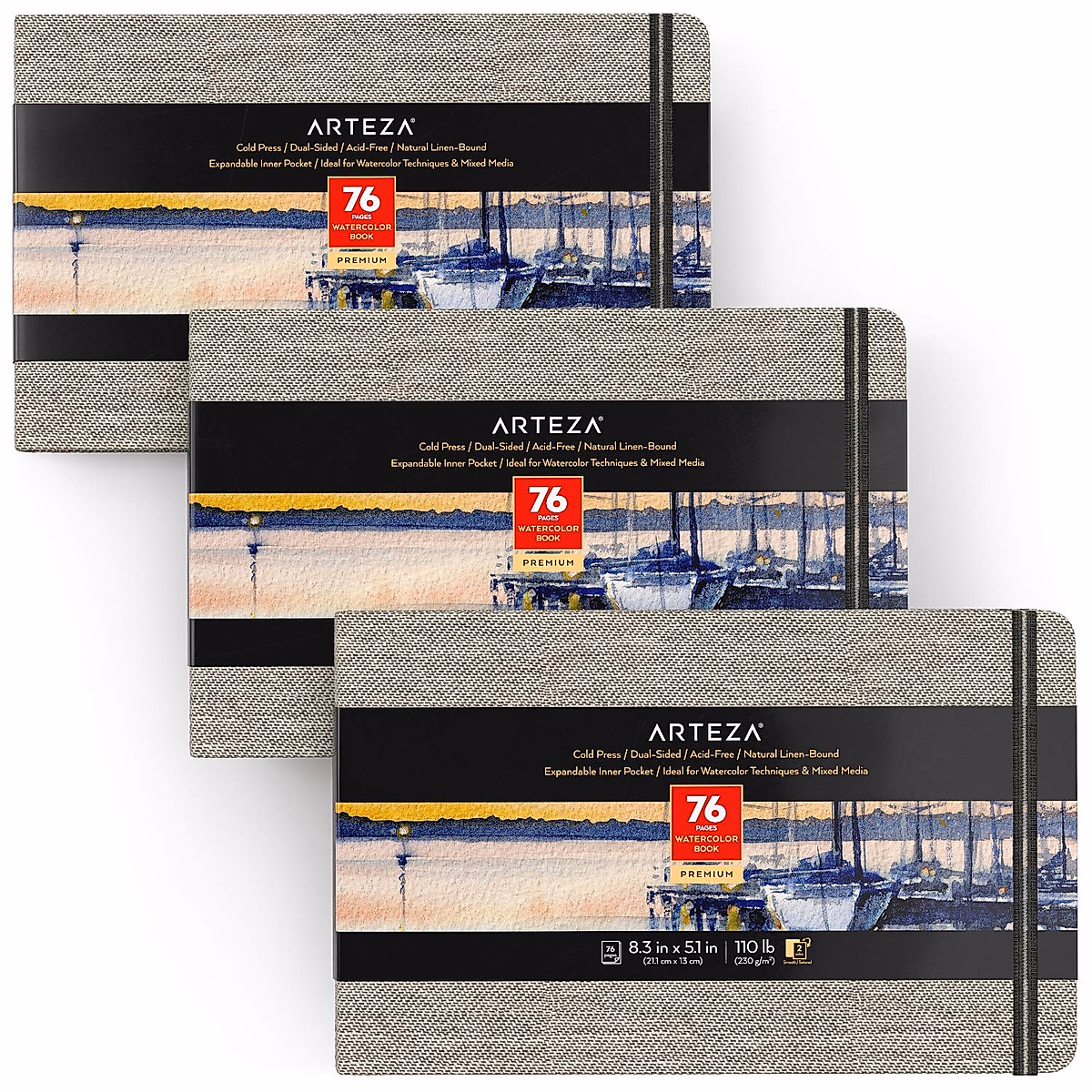 ARTEZA Watercolor Book, Pack of 3, 76 Pages Each, 5.1x8.3 Inch Watercolor Notebook, 110lb/230gsm Cold Pressed Water Pad