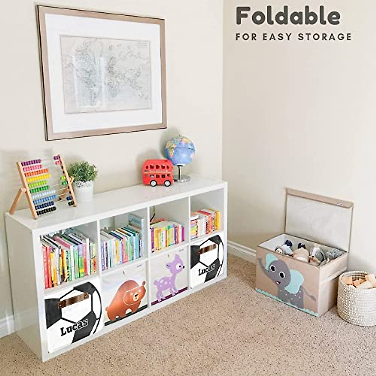 Soccer Ball Personalized Storage Basket ,Custom Storage Bins Cubes Organizer with Handle for Bedroom Wardrobe,Nursery,Basket 2 Pack