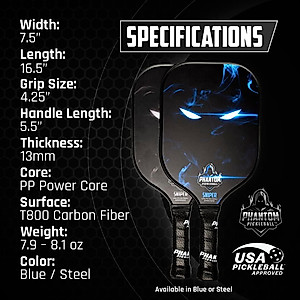 Phantom Sniper 13mm Carbon Fiber Elongated Body Pickleball Paddles - Max Grit and Spin - USAPA Approved – Pickleball Rackets - Pickle-Ball Equipment with Polypropylene Core – Lightweight (Steel)