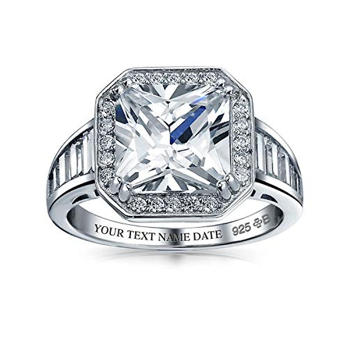 Personalize Art Deco Style 5CT AAA CZ Side Baguette Stones Halo Square Promise Solitaire Princess Cut Engagement Ring For Women .925 Sterling Silver Custom Engraved
