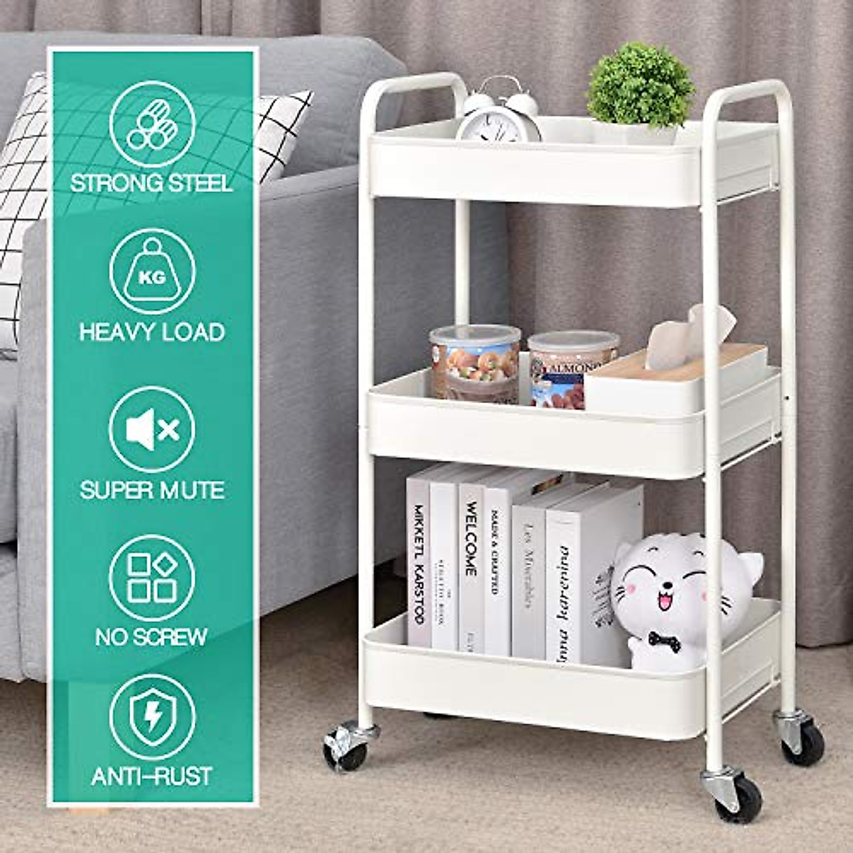 TOOLF 3-Tier Rolling Cart, Metal Utility Cart with Lockable Wheels, Storage Craft Art Cart Trolley Organizer Serving Cart Easy Assembly for Office, Bathroom, Kitchen, Kids' Room, Classroom (White)
