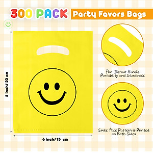 Geyee 300 Pieces Smile Face Gift Bags 6" x 8" Plastic Party Favors Bags Christmas Party Goodie Bags Treat Bags Bulk with Handle for Kids Birthday Party Classroom School Supplies(Multicolor)