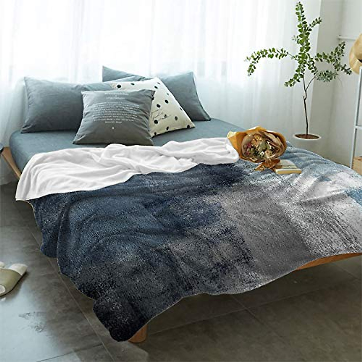 NICECOME Flannel Fleece Throw Blanket Oil Painting Style Abstract Grey and Blue Ultra Soft Warm Large Throw Blanket for Bed/Couch/Sofa/Traveling All Season Decorative Throw 50" x 60"