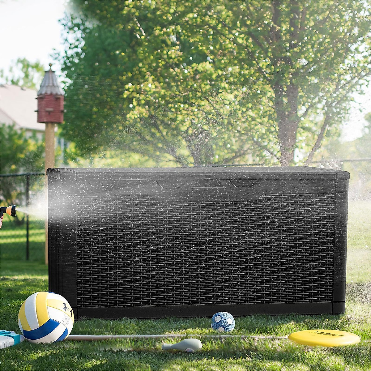 Greesum 100 Gallon Resin Patio Storage Box for Garden Tools, Outdoor Furniture Cushions, Pool Supplies, Black