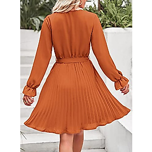 PRETTYGARDEN Women's Casual Spring Fall Dresses Long Puff Sleeve V Neck Pleated Ruffle Flowy Belted Dress (Brick Red,Medium)