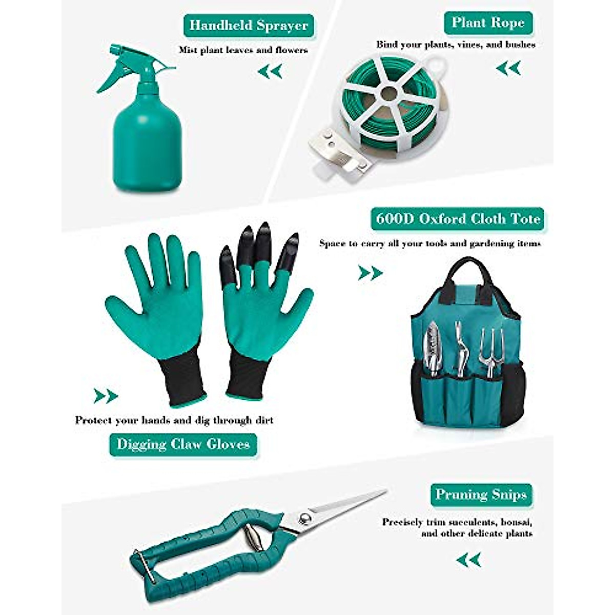 FiveJoy Garden Tool Set, 11 Piece Aluminum Alloy Hand Tool Starter Kit with Garden Bag, Outdoor Tool, Heavy Duty Gardening Work Set with Ergonomic Handle, Gardening Tools-Gift for Women and Men