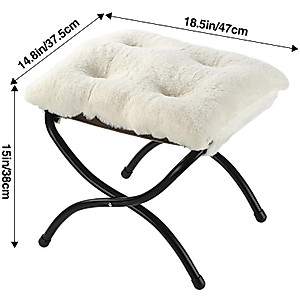 WELL-STRONG 15" Folding Foot stool, Small Accent Foot Rest, Faux Fur Elegant Foldable Ottoman with Metal Frame, Upholstered Morden Folding Footstool for Home Living Room Bedroom Washable Beige