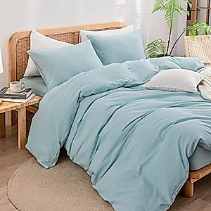 BESTOUCH Duvet Cover Set 100% Washed Cotton Linen Feel Super Soft Comfortable Chic Lightweight 3 PCs Home Bedding Set Solid Hushed Green Full/Double