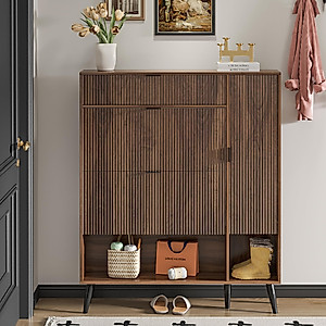 Shoe Storage Cabinet with 2 Flip Drawers Narrow Shoe Cabinet with Doors Freestanding Shoe Organizer Cabinet with Adjustable Shelf Slim Hidden Cabinet for Entryway (Walnut)