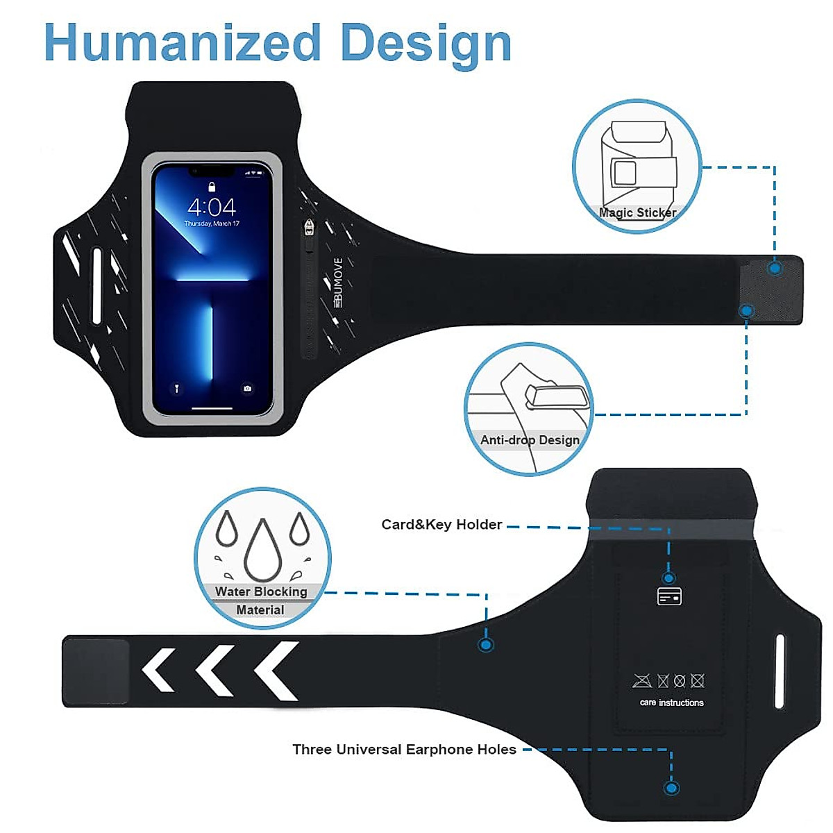 BUMOVE Armband with AirPods Holder for iPhone 15/14/13/12/11Pro Max,iPhone 15/14 Plus/Xs Max Gym Running Workouts Arm Band Case (Black)