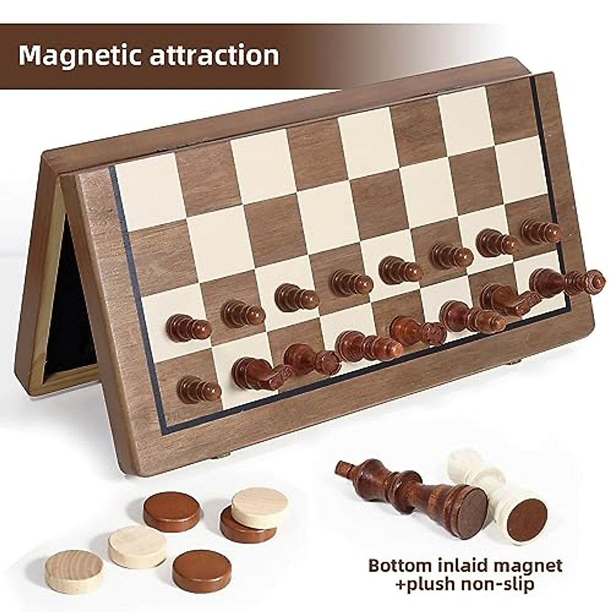 2 in 1 Magnetic Chess Sets,15in Folding Wooden Chess & Checkers Set Board for Adults,Chess Pieces with 2 Extra Queen,Travel Chess Set with Storage Bag for Kids