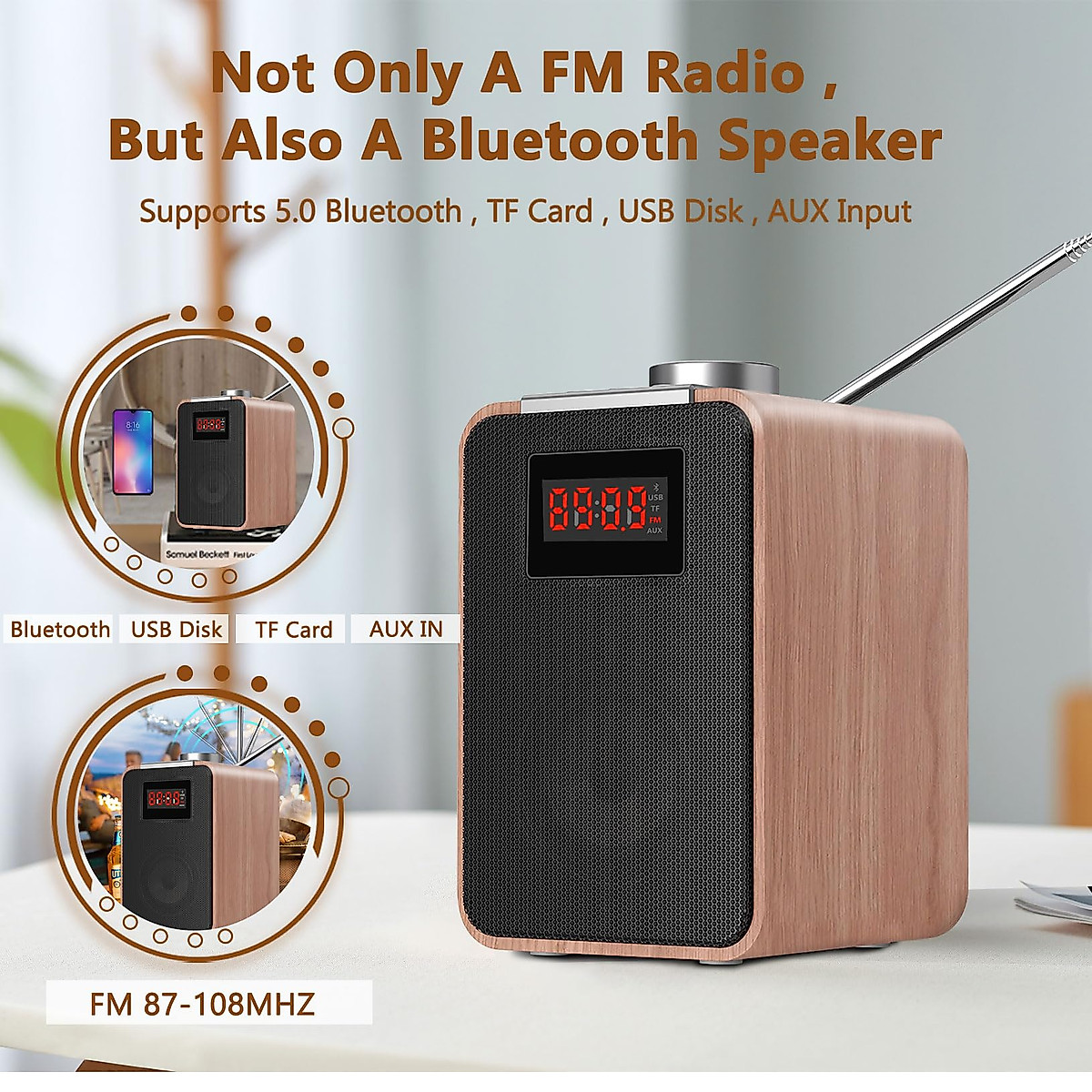 Bluetooth Fm Radio, Retro Radio Plug in Wall Vintage Wooden Bluetooth Speaker Portable Shortwave Radio with LED Display, 2000mAH Rechargeable with Rotary Knob for Outdoor Indoor Office