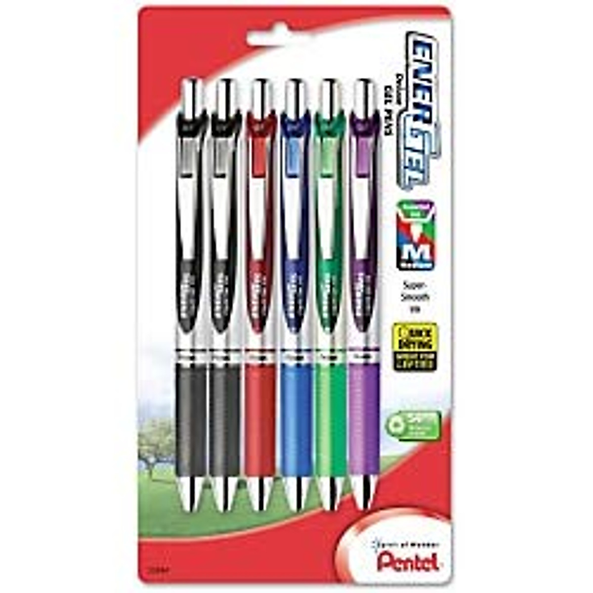 Pentel EnerGel RTX Retractable Liquid Gel Pens, Medium Point, 0.7 mm, 54% Recycled, Silver Barrel, Assorted Ink Colors, Pack of 6 Pens