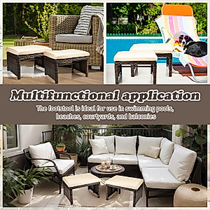 2 Pcs Patio Rattan Ottomans Outdoor Wicker Ottomans Patio Footstool Footrest with Removable Cushion Soft Zippered Cushions Function Footstool Seat Table for Backyard Balcony Poolside(Beige, Brown)