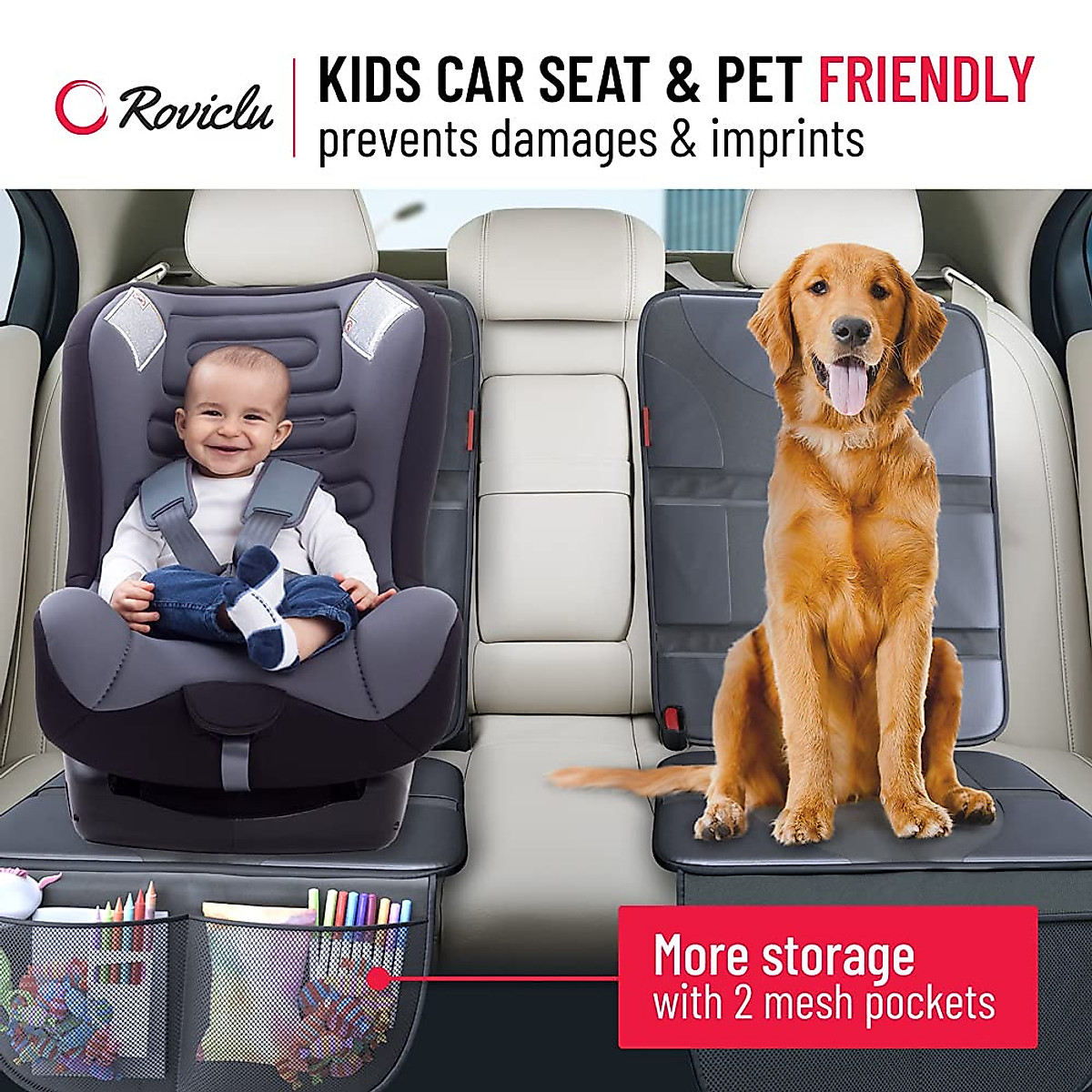 ROVICLU Car Seat Protector for Child Baby with Thickest Padding, Leather car seat Protection mat for Vehicles with Non-Slip Back Pad 8 Waterproof Layers, Mesh Storage Pockets, Universal (Black)