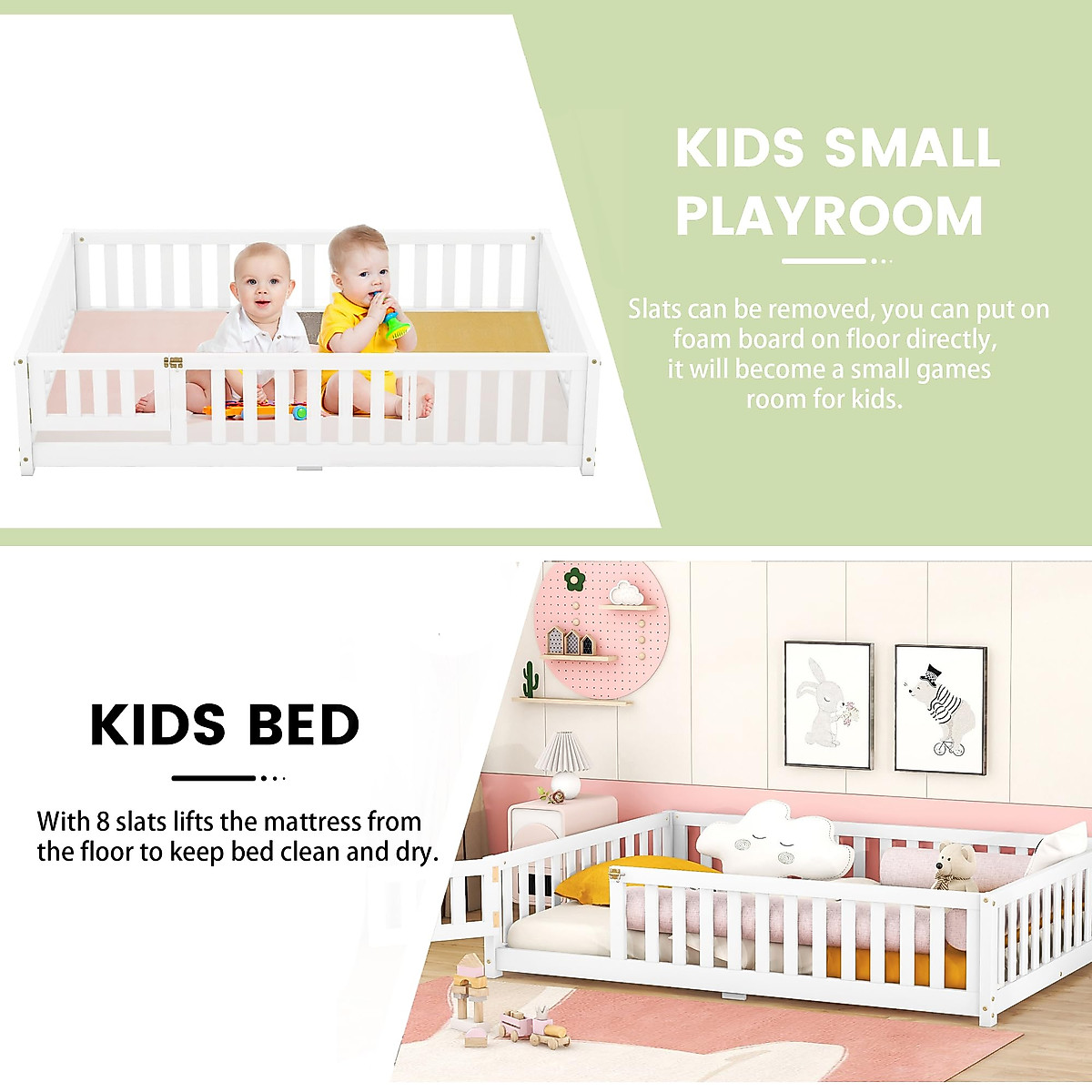 CITYLIGHT Full Size Floor Bed with Rails, Wood Montessori Floor Bed Full with Support Slats, Kids Full Bed Frame with Door Design for Boys,Girls, White